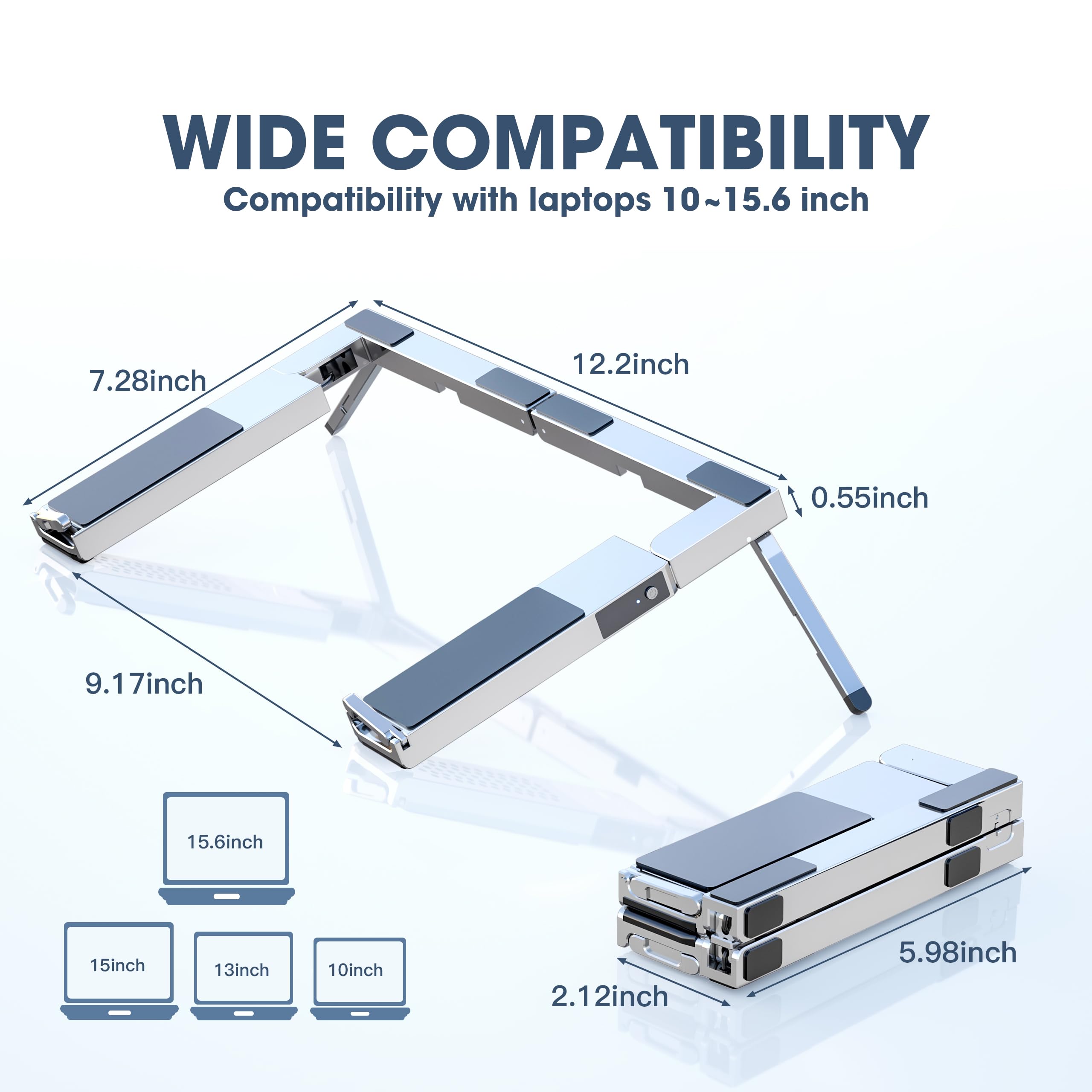 DUVOSS Aluminum Laptop Stand, Adjustable Laptop Riser with Wireless Speakers, Bluetooth V5.0, Ergonomic Computer Notebook Elevator Stand for MacBook Air Pro, Dell More 10-15.6โ Laptops, Silver