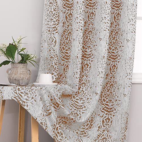 Mrs.Naturall Rusty Orange Curtains 63 Inch Length for Bedroom 2 Panels Grommet Burnt Orange Medallion Patterned Damask Moroccan Design Semi Sheer Drapes for Living Room,Terracotta and Gray Cream