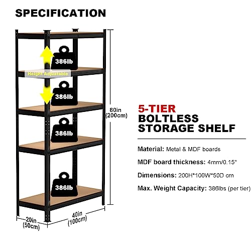 Garage Shelving for Kitchen 5-Tier 80β*40β*20β Metal Shelves Adjustable Garage Storage Shelves Metal Shelving Unit Utility Rack Shelf with MDF Board for Basement, Pantry, Warehouse Black