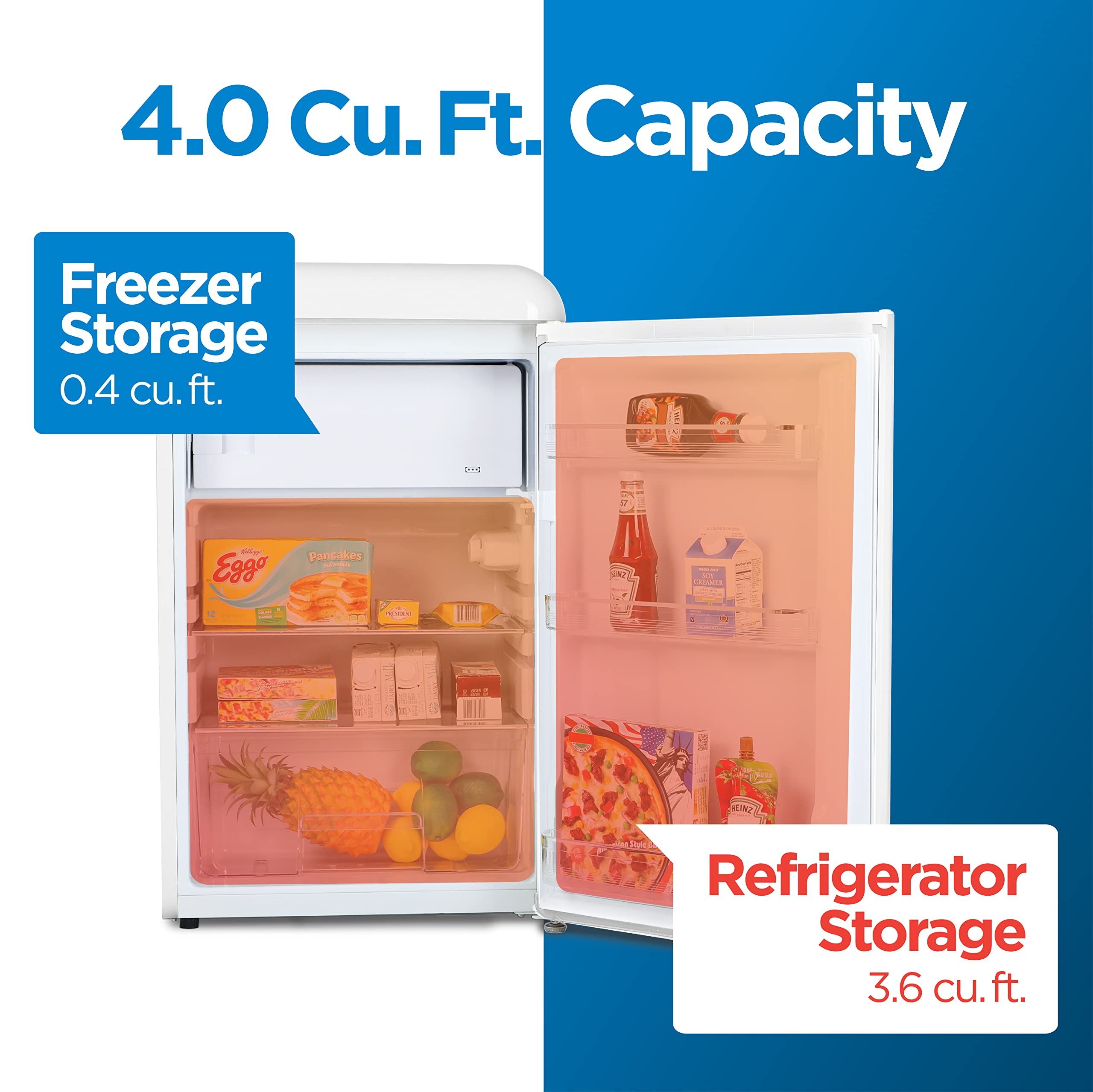 Commercial Cool CCRR4LW 4.0 Cu. Ft Freezer, Vintage Style 1 Slide-Out Glass Shelf and Crisper Cover, Retro Fridge, White Refrigerator