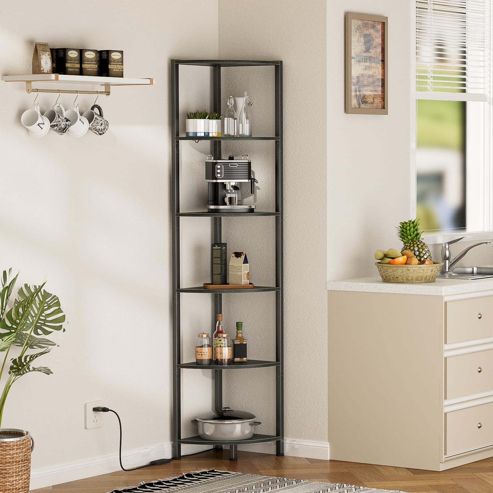 Furnulem 6 Tier Corner Shelf with LED Light, 67.5β Tall Standing Shelf Organizer, Black Narrow Bookshelf with Storage Rack for Wall Corner, Living Room, Bedroom, Metal Frame, Wood Display Shelf