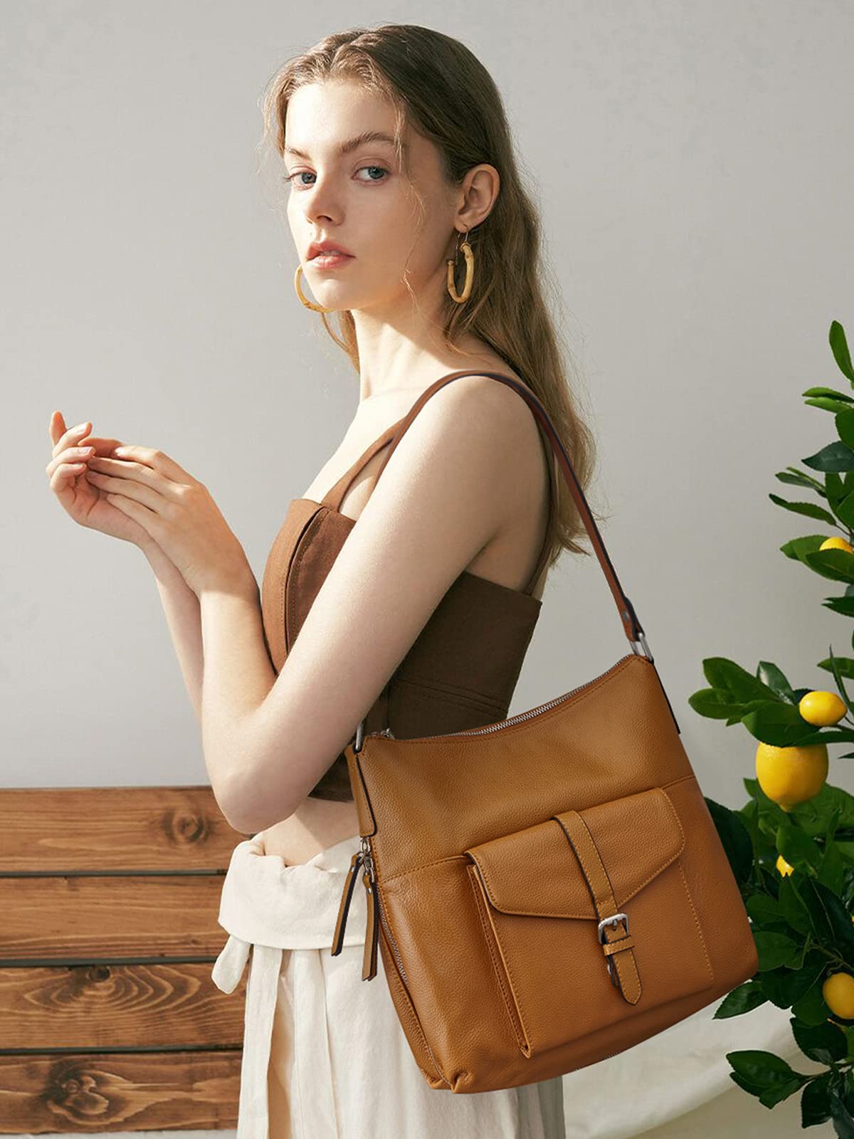 S-ZONE Women Genuine Leather Hobo Shoulder Purse and Handbags Top Handle Ladies Bag with Front Pocket