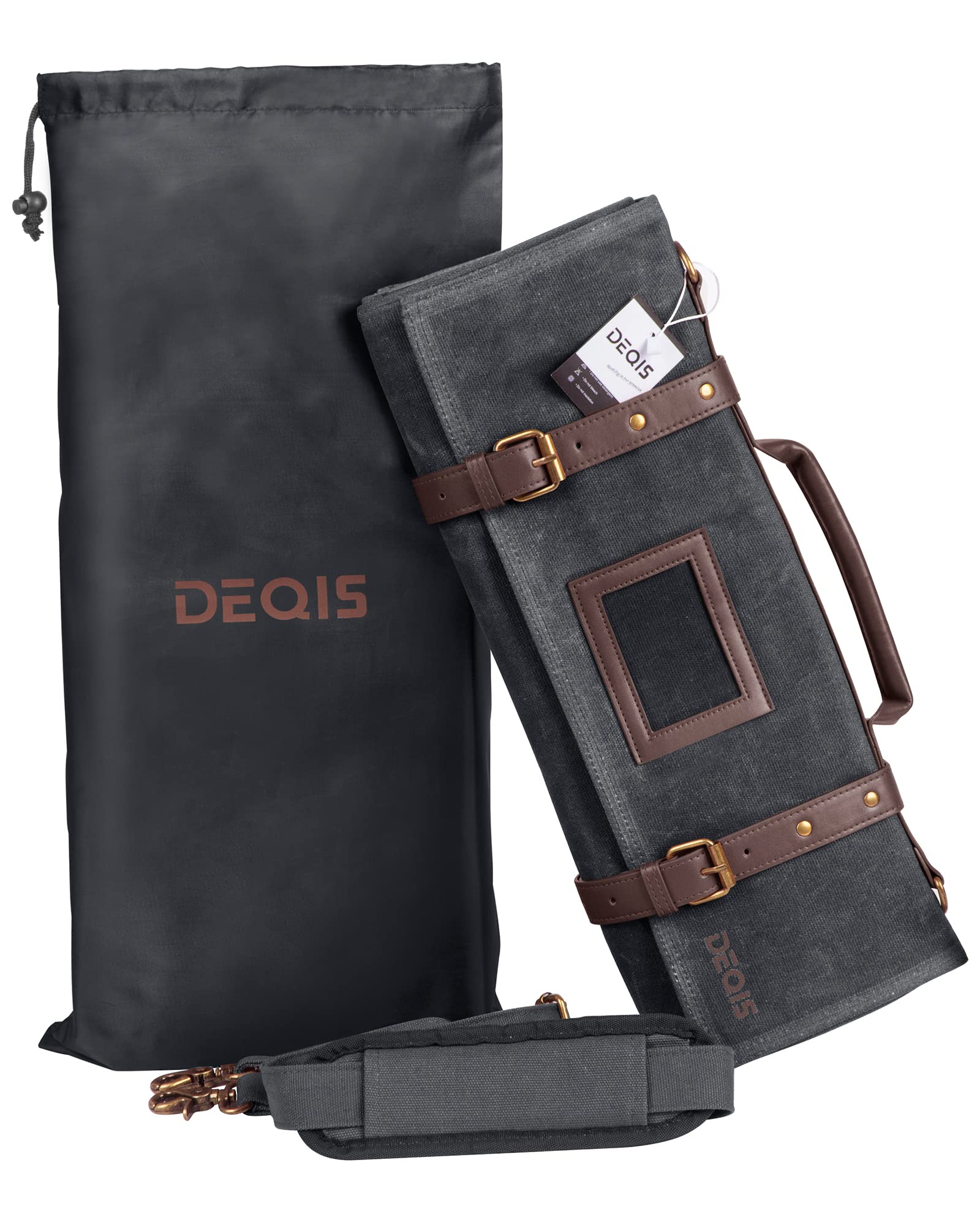 DEQIS Knife Roll Chef Waxed Canvas Bag Storage 13 Slots and 1 Large Zipper Pocket Carry Shoulder Strap Handle and Name Card Professional Folding Cooking Tools Case Organizer,Knives Not Included,Black