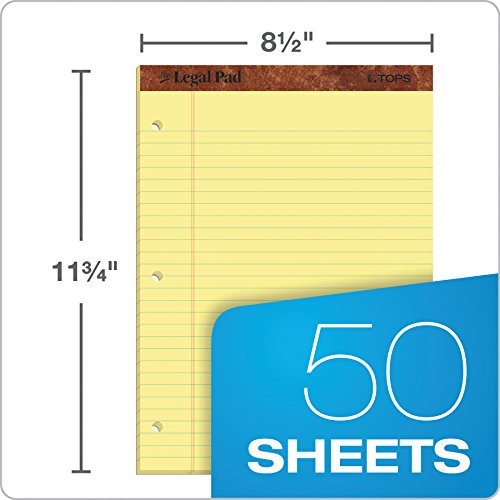 TOPS The Legal Pad Writing Pads, 8-1/2" x 11-3/4", Canary Paper, Legal Rule, 50 Sheets, 12 Pack (75351)