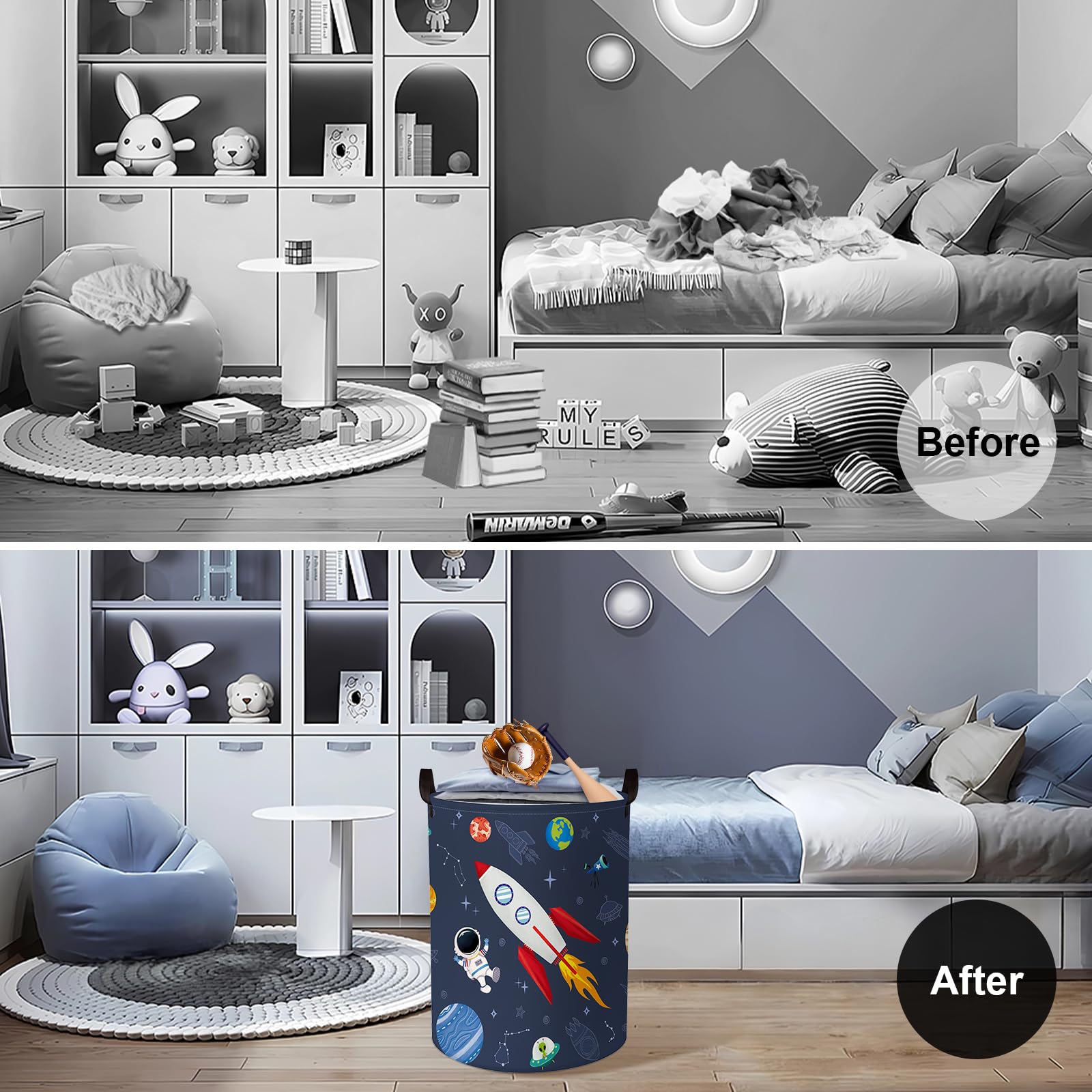 Clastyle 45L Rocket Astronaut Laundry Hamper for Bedroom Waterproof Collapsible Blue Universe Toys Storage Basket with Drawstring, 14.2 * 17.7 in