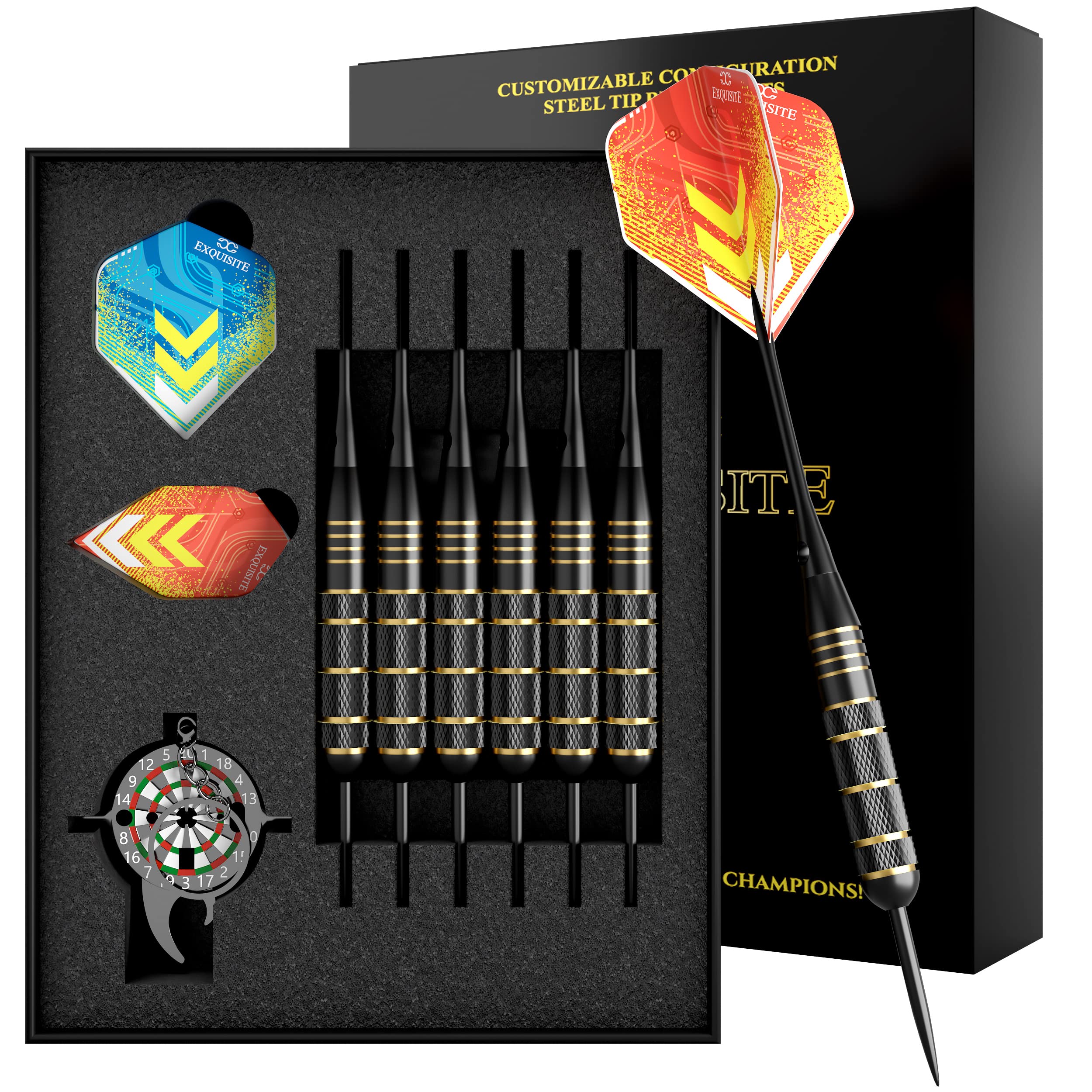 CC-Exquisite Professional Steel Tip Darts Set - 6 x 22g Brass Barrels with 12 Flights Standard/Slim, 12 Aluminum Shafts 35/48mm, 12 O-Rings, Dart Tool (Black - Luminary 18g/22)