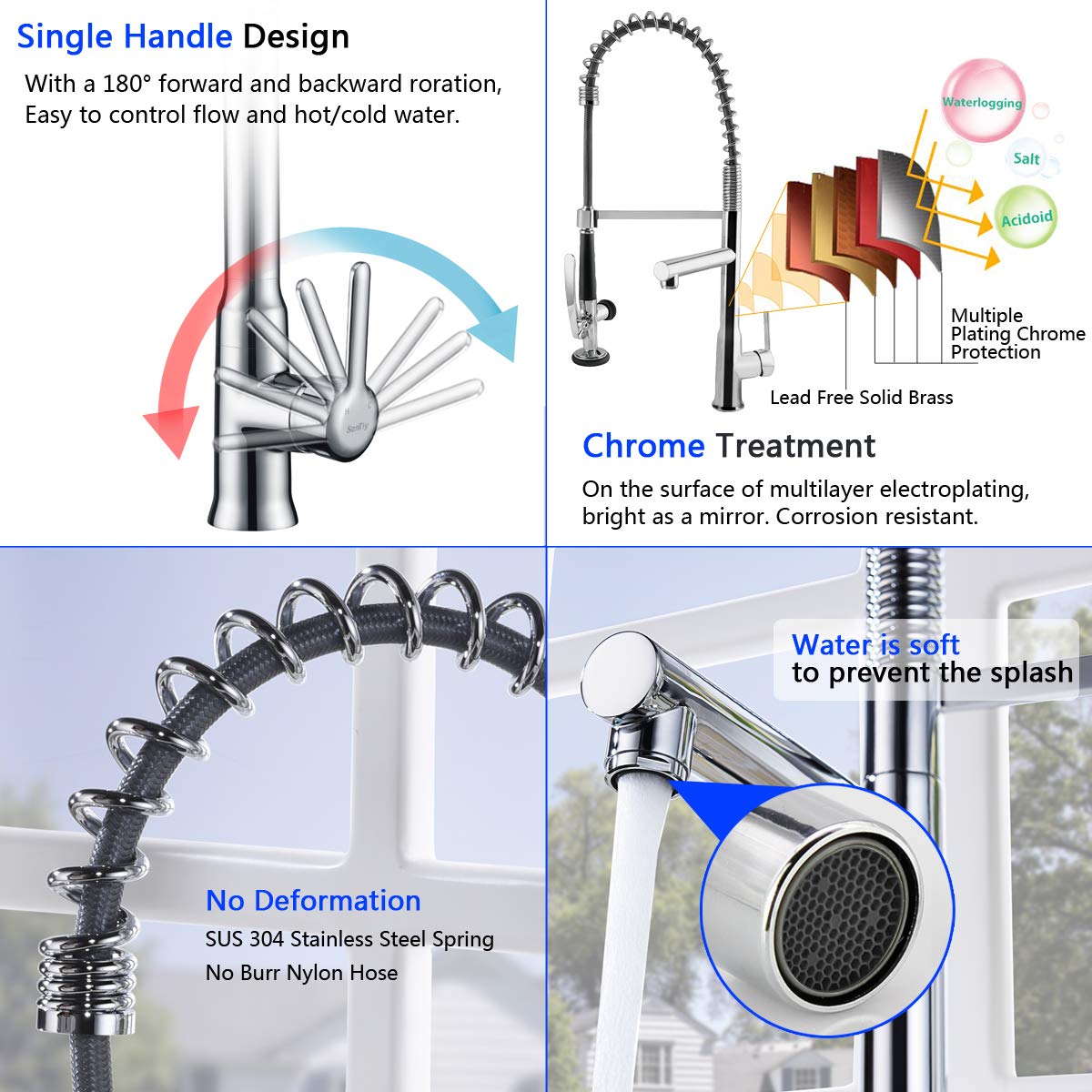 Commercial Kitchen Faucet Pull Down Sprayer with Soap Dispenser - Brass High Arc Tall Modern Single Lever Handle One Hole Spring Pull Out Kitchen Sink Faucet with Pull Out Spray