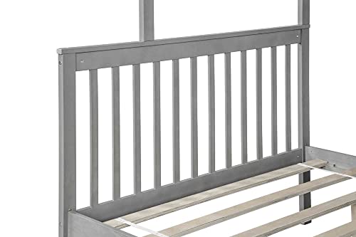 Cotoala Full Bunk Bed with Trundle, Wood Stairway Twin, Storage and Guard Rail, No Spring Box Needed, Grey, Twin Over Full