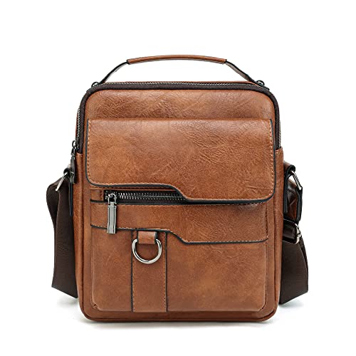 HANGMAI Small Crossbody Bag for Men Leather Shoulder Bags Messenger Man Purse Handbag Travel for iPad 9.7" Office Business Brown