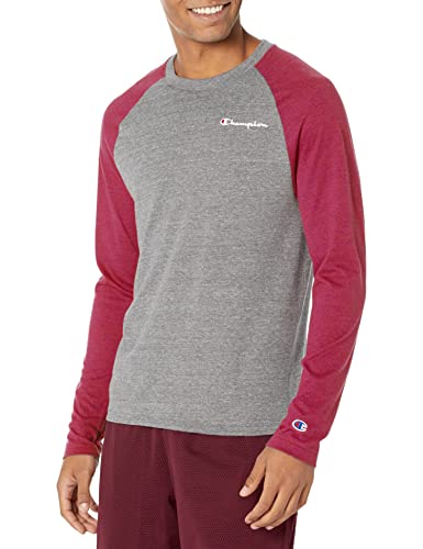 Champion Powerblend Raglan Tee, Crewneck, Men’s Long Sleeve T-Shirt, Gun Smoke Pe Heather/Cranberry Tart Heather-586IKA, Large