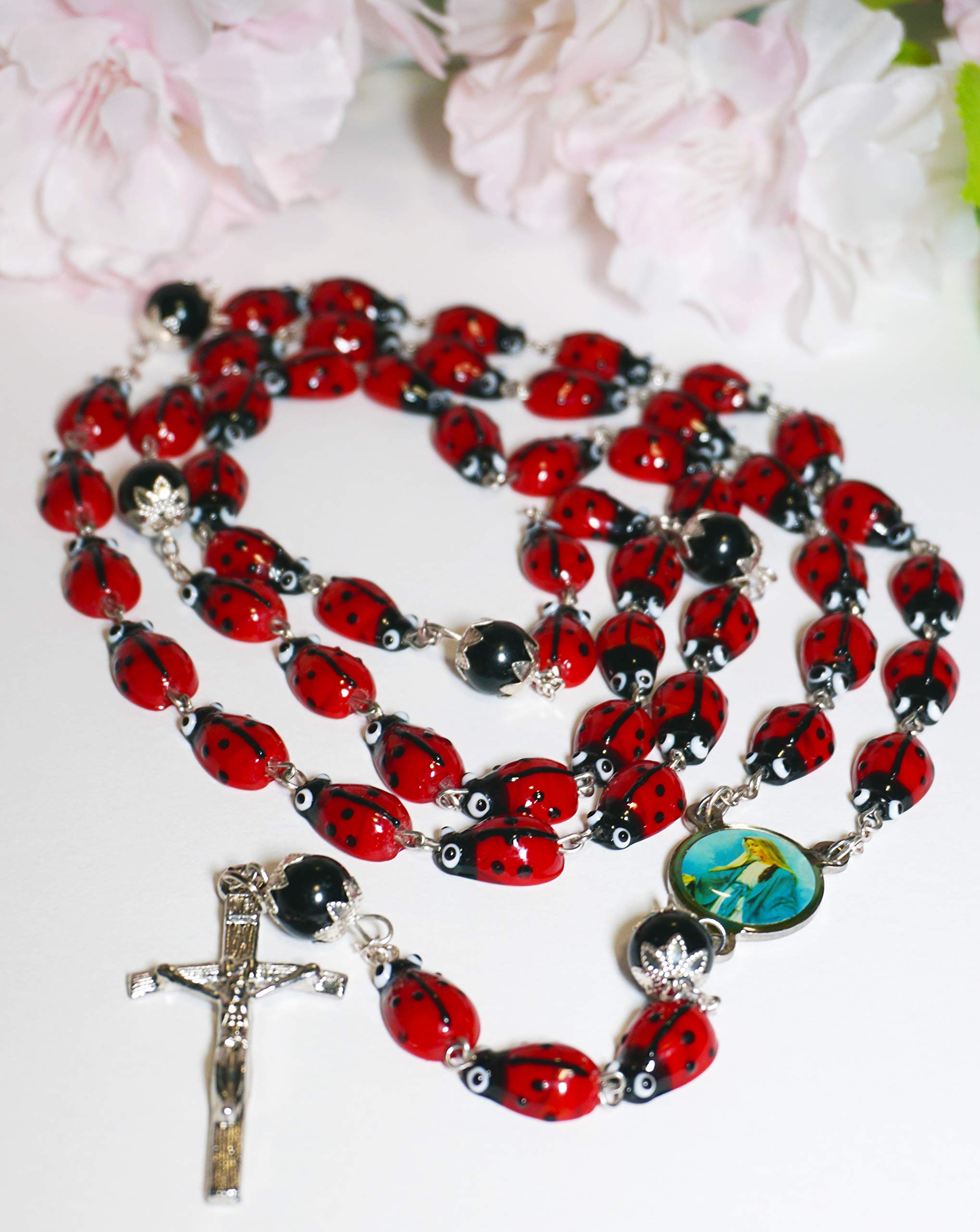 col-p Catholic Steel Rosary Ceramic Ladybug Devotional 29" inch long centerpiece Lady of Grace Sanctified Papal Crucifix Zinc Alloy