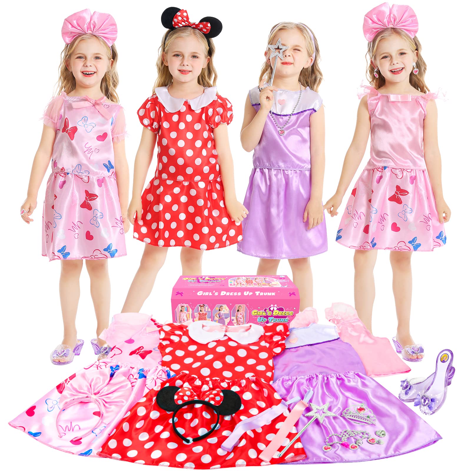 SOLIEHOO Girls Dress Up Princess Dresses, 19 Pcs Girls Dress Up Trunk with 4 Tops 3 Skirts and Princess Shoes, Toddler Pretend Play Costumes Dress Up Clothes for Girls Aged 3 4 5 6