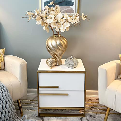 HERNEST Modern Nightstand Storage Cabinet with Solid Wood 2 Drawers Sofa Bedside End Table Glam Steel Frame Accent Furniture Without Assembly for Bedroom/Living Room/Salon/Office, Left White