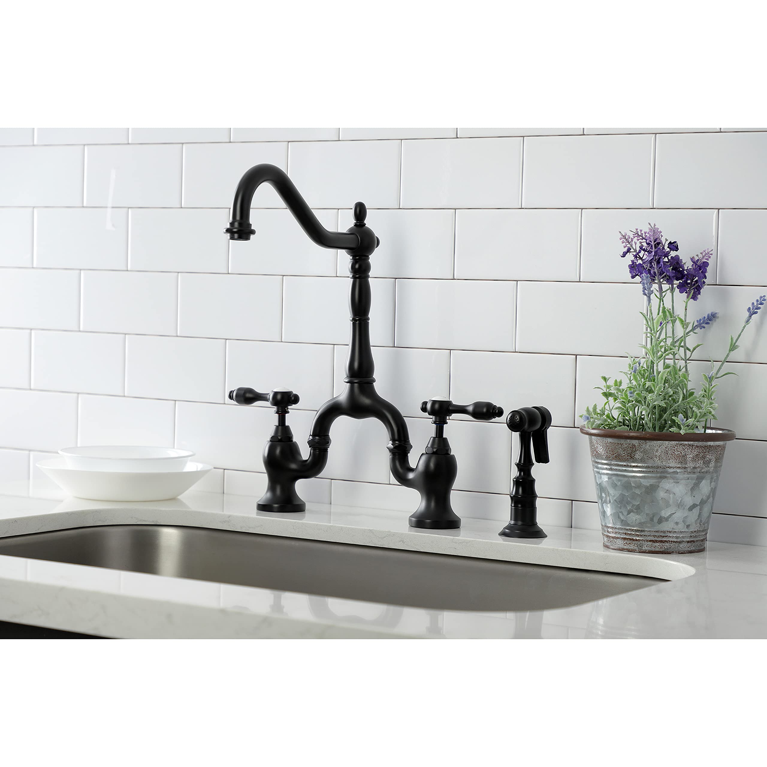 Kingston Brass KS7750TALBS Tudor Bridge Kitchen Faucet, Matte Black, 13.88 x 8.25 x 14.5