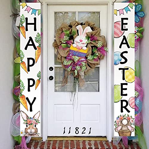 Deroro Happy Easter Bunny Rabbit Porch Banner Sign, Eggs Carrot Front Door Decorative Hanging Welcome Banner Flag, Seasonal Spring Decoration Home Outdoor Decor