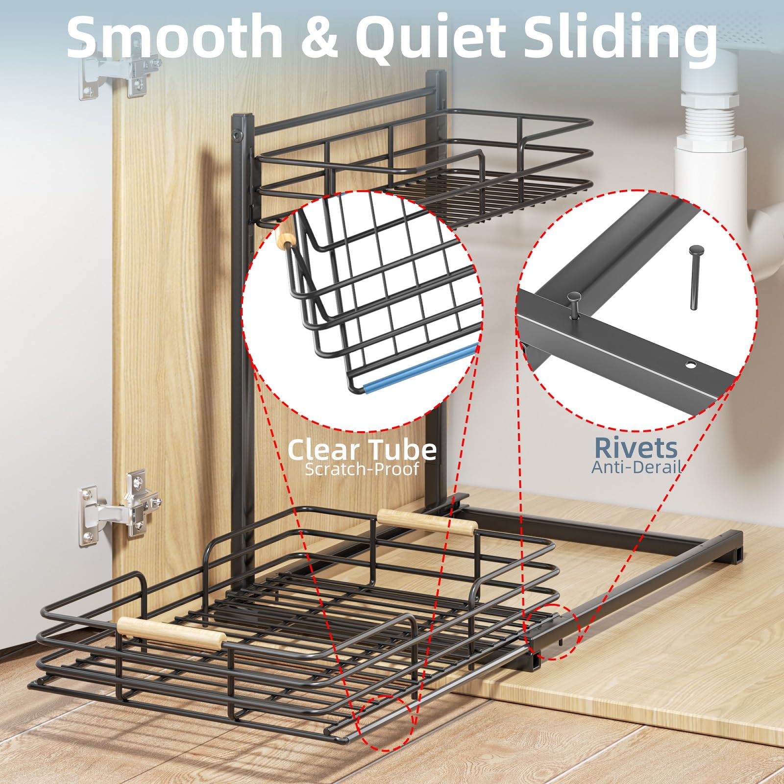 Delamu Under Sink Organizers and Storage, 2 Pack Under Kitchen Sink Organizer, Height Adjustable Bathroom Cabinet Organizer, Pull out Under Cabinet Organizer and Storage, Black