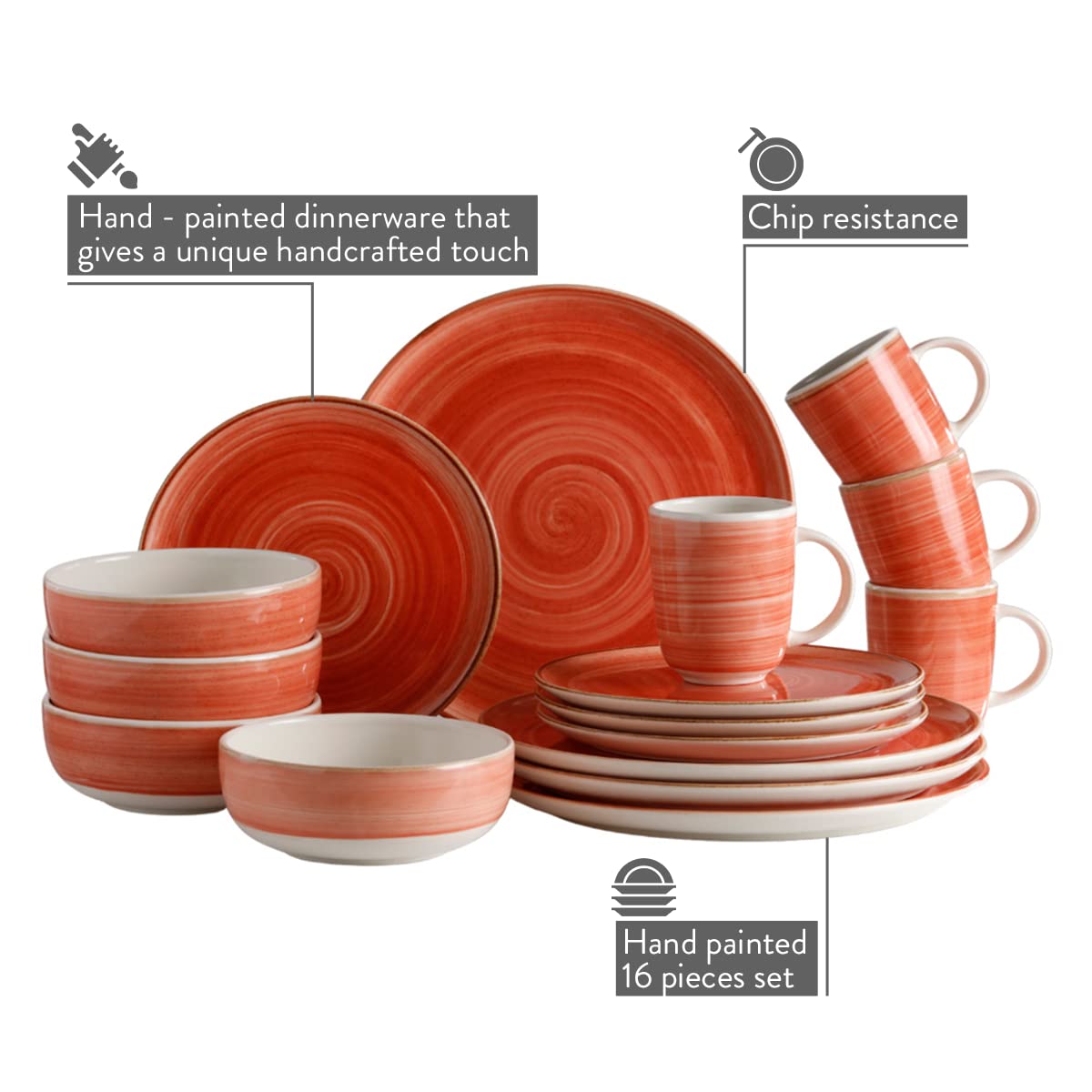 Corona Dinnerware Set 16-pieces Earthenware | Salmon Caoba | Hand-Painted | Set de Vajilla 4 puestos | 16 piezas | Ceramica | Artisan Decor | Coral