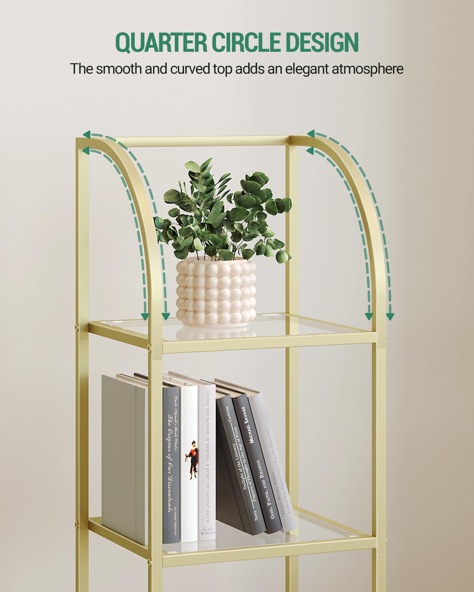 Hzuaneri Bookcase Bookshelf, Tempered Glass Arched Bookshelf for More Storage, Slim Shelving Unit for Bedroom, Bathroom, Home Office, Steel Frame, 6 Tier Gold BC20699G