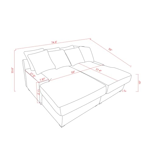 FANYE 74.8" Luxury Twin Chaise Daybed Sofa Couch for Living Room,Modern Corduroy Upholstery Lounge Love Seat Sleeper Sofabed with 6 Piilows