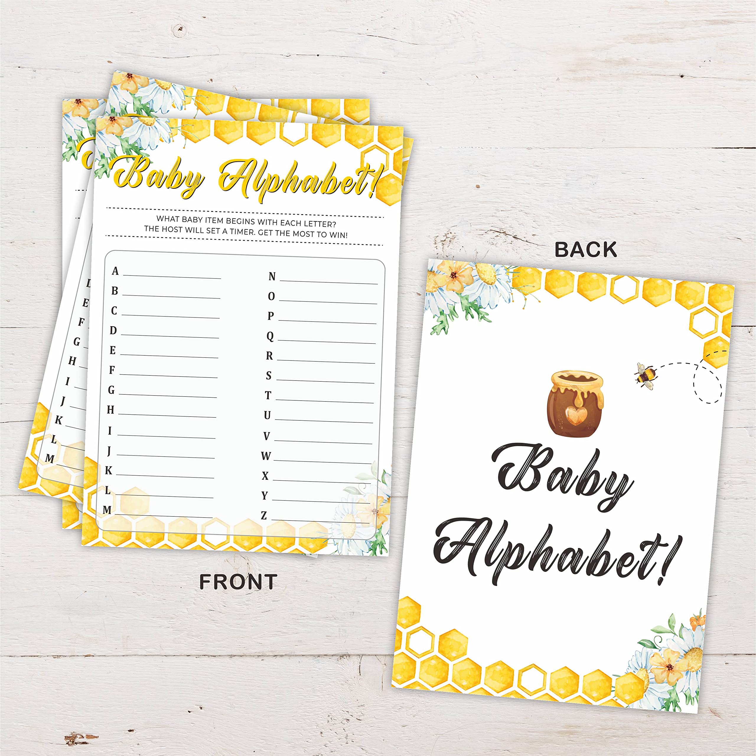 DYIRBIIY Honey Bee Themed Baby Shower Game Cards, Baby Alphabet Double Sided - 30 in Pack (5 X 7 inches)-(BABYYX-003)