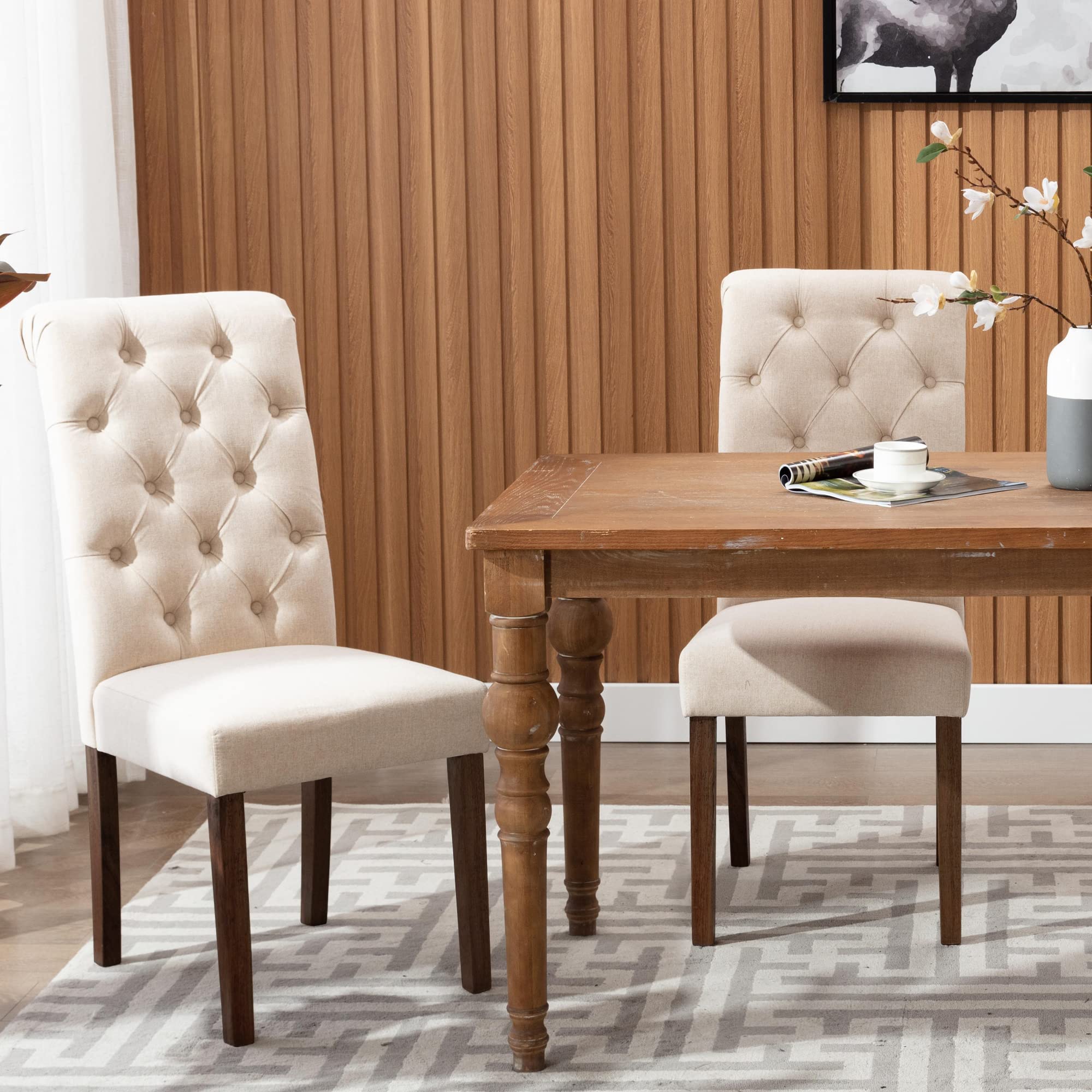COLAMY Tufted Dining Room Chairs Set of 4, Parsons Diner Chairs Upholstered Fabric Side Kitchen Chairs with Solid Wood Legs and Padded Seat - Beige