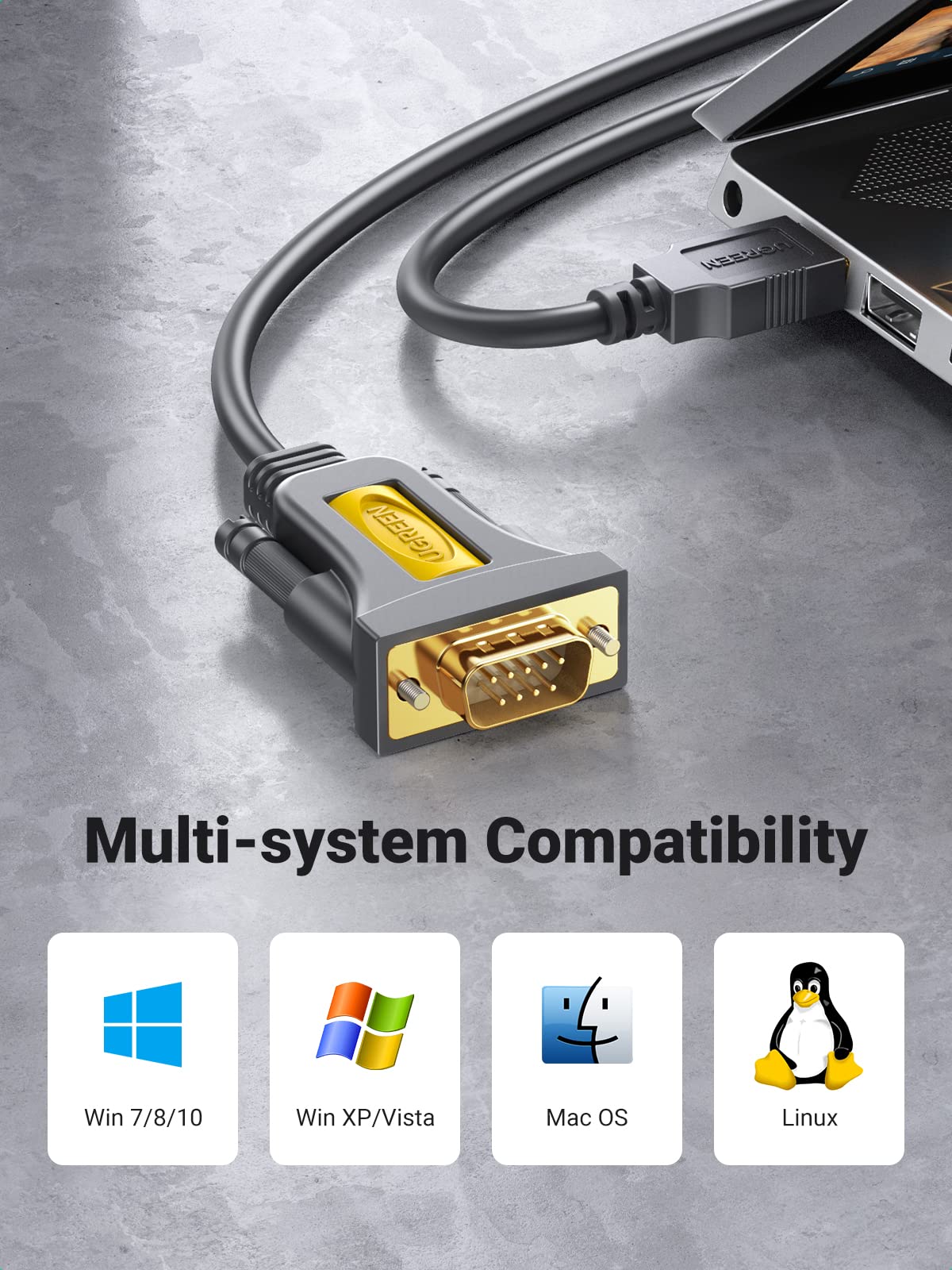 UGREEN 6ft USB to Serial Adapter, Serial to USB Adapter DB9 Male 9 Pin with PL2303 Chipset, PVC jacket, RS232 to USB Cable for Windows 11 10 8.1 8 7 XP Vista, Mac OS, Linux