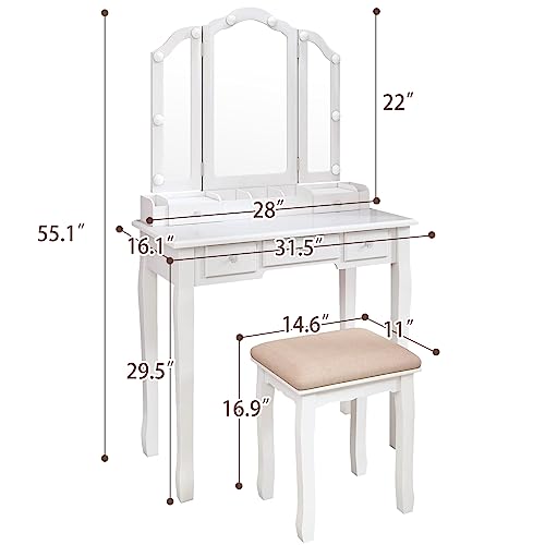 Longtesun Makeup Vanity Set Teen Vantity Set White Vanity Desk with Mirror and Lights Vanity Table with Lights Makeup Vanity with Lights Vanity Mirror with Lights Desk and Chair Makeup Vanity Table