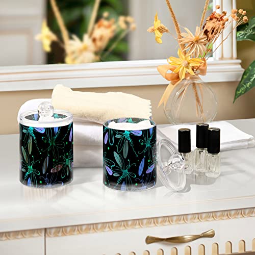 Fustylead 2 Pack Dragonflies Plastic Apothecary Jars with Lid, Bathroom Vanity Storage Organizer Canister for Qtip, Cotton Ball, Swab, Round Pads, Floss