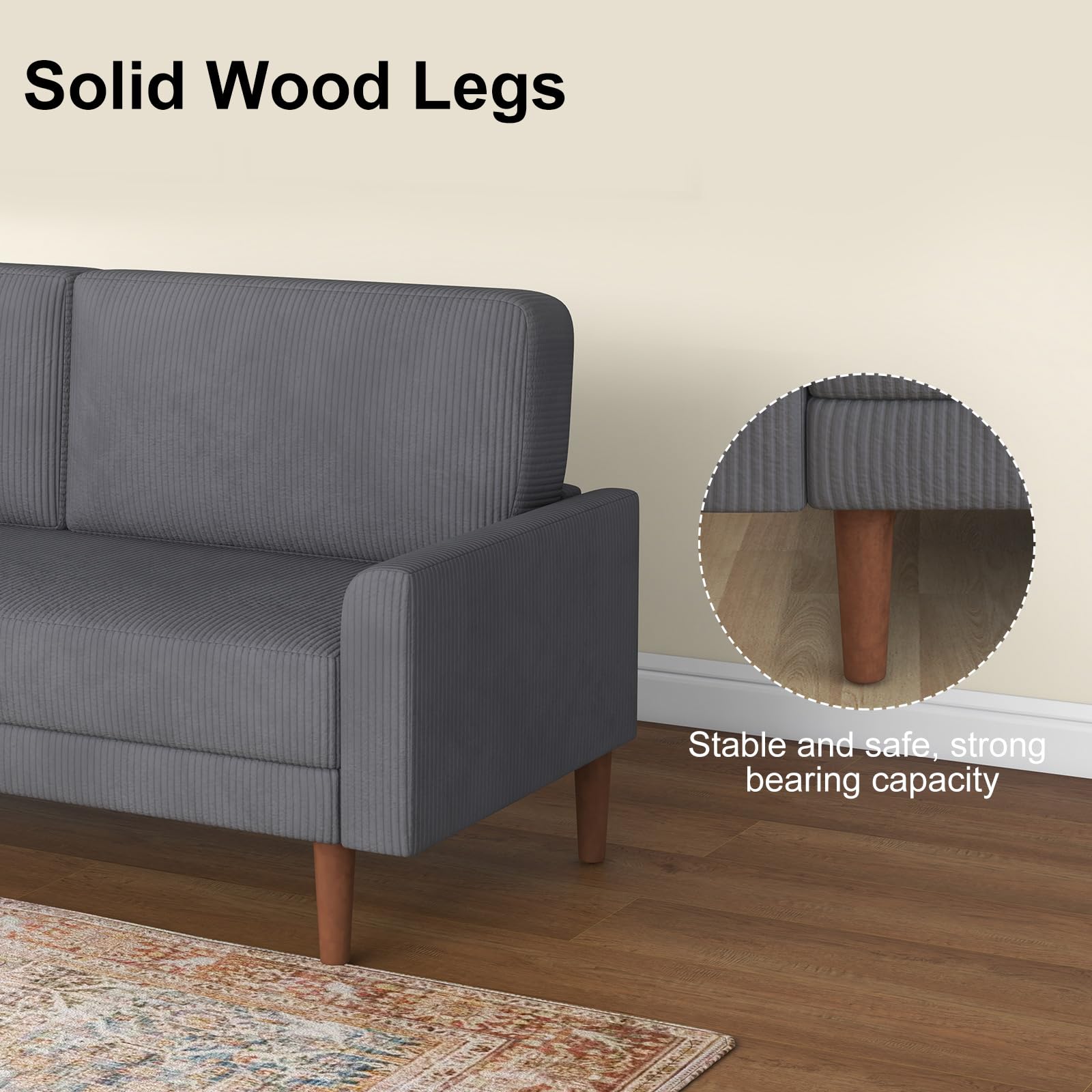 EBELLO 67" Corduroy Modern Sofa Couch, Cozy Comfy Overstuffed 2 Seat Loveseat Couch Sofa with Solid Wood Feet, Soft Padded Seat Small Living Room Futon for Apartment, Gray