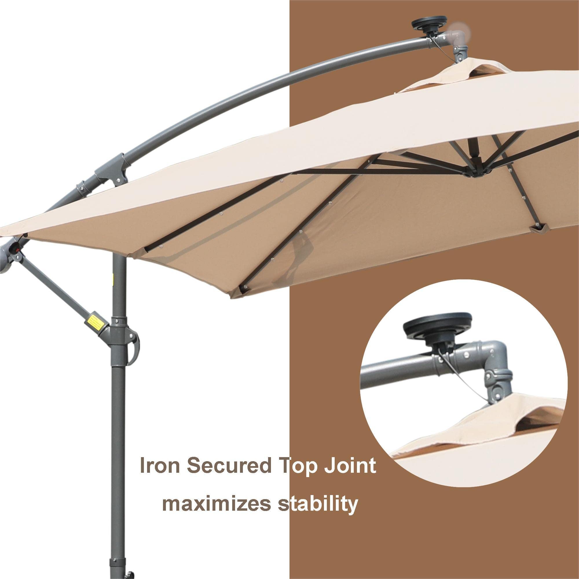CASAINC 8.3FT Solar LED Patio Umbrella Offset Hanging Outdoor Umbrella for Market Lawn Graden Backyard Balcony, Crank/Tilt, Multi Angle Adjustment (without Umbrella Base)-Beige