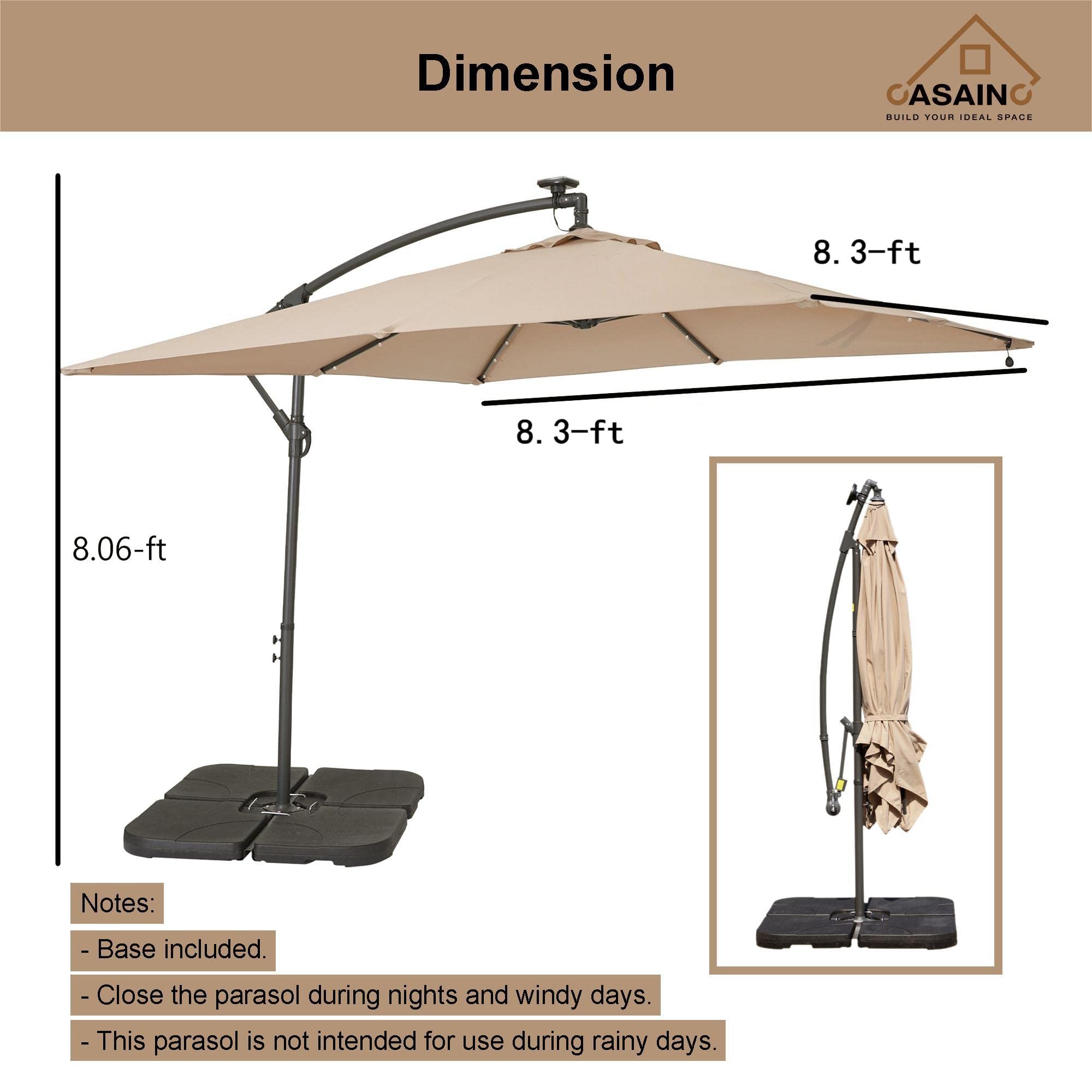 CASAINC 8.3FT Solar LED Patio Umbrella Offset Hanging Outdoor Umbrella with Base for Market Lawn Graden Backyard Balcony, Crank/Tilt, Multi Angle Adjustment-Beige