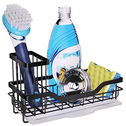 HapiRm Multifunctional Sink Caddy with Detachable Brush Holder, Kitchen Sink Organizer with Drawable Drain Tray, Rustproof Stainless Steel Sink Caddy for Sponge, Brush - Black (8.26 * 3.62 * 4.72 in)