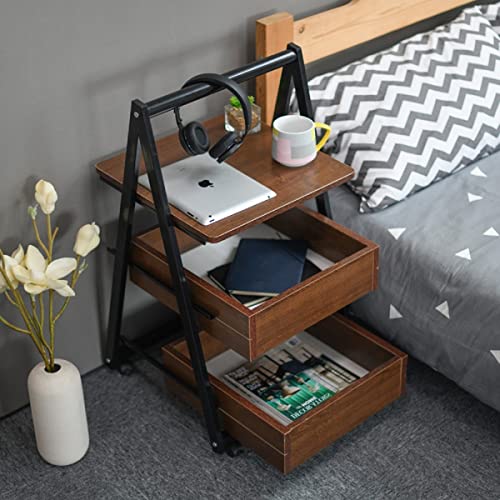 Gdrasuya10 3 Tier Retro End Table Side Table, 2 Adjustable Drawers Nightstand with Storage Shelf Wood Sofa Bedside Table with Rolling Casters for Bedroom