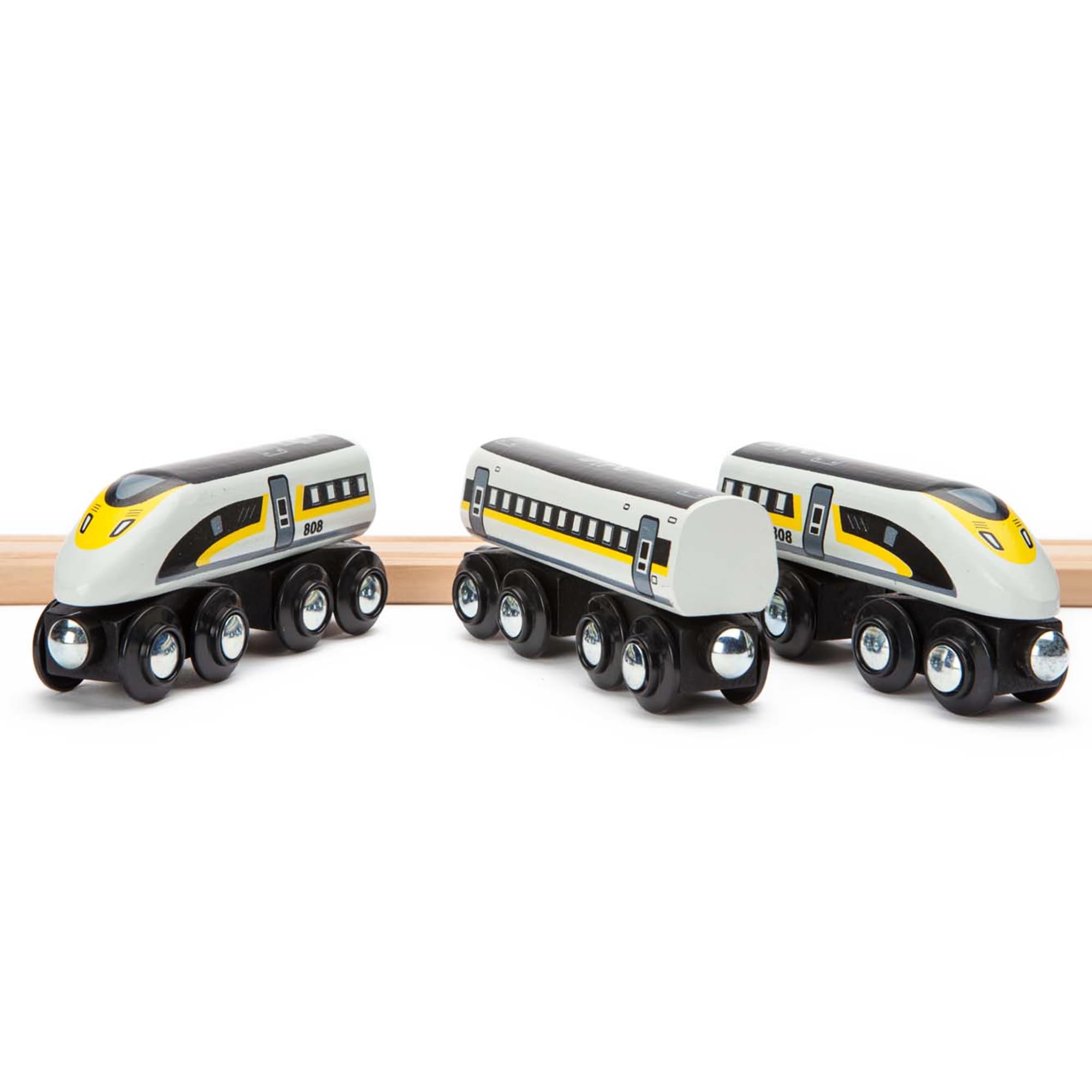 Maxim Enterprise, inc. Wooden Bullet Train, Wooden Train Set of 2 Modern Engines 1 Sleek Passenger Car with Magnetic Connectors, Compatible with Thomas & Friends, BRIO, Other Major Brands