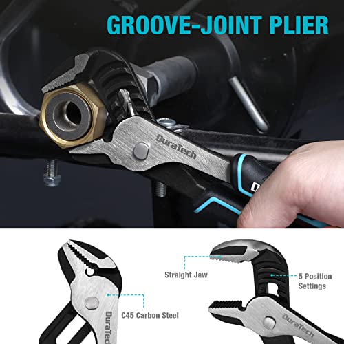 DURATECH 4-Piece Pliers Set, 8" Long Nose Pliers, 8" Slip Joint Pliers, 8" Groove Joint Pliers and 8" Adjustable Wrench, for Home Use