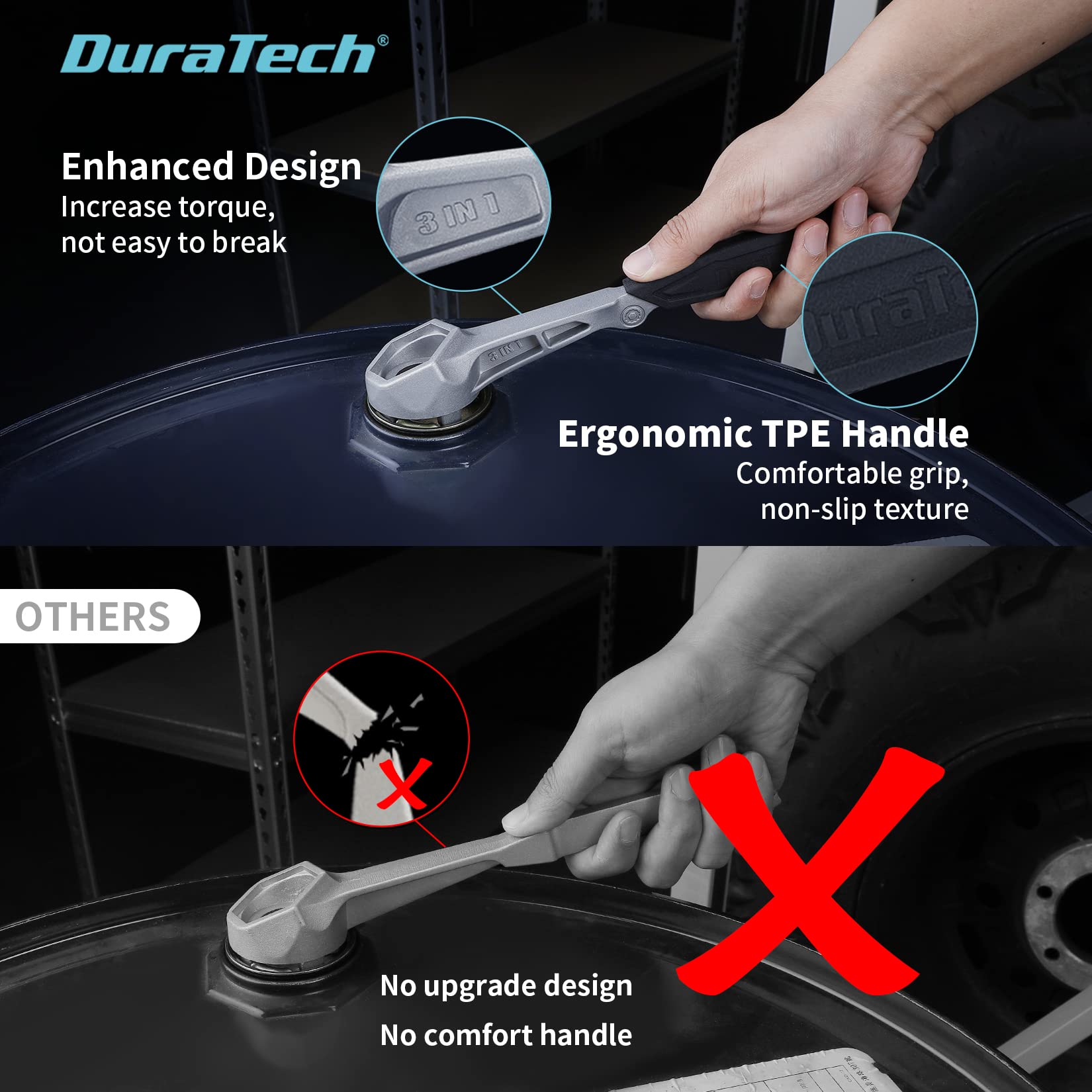 DURATECH Aluminum Drum Wrench, 3-in-1 Bung Wrench, Barrel Opener Tool for Opening 10 15 20 30 55 Gallon Drum, Fits 2" and 3/4" Plastic Bung Cap