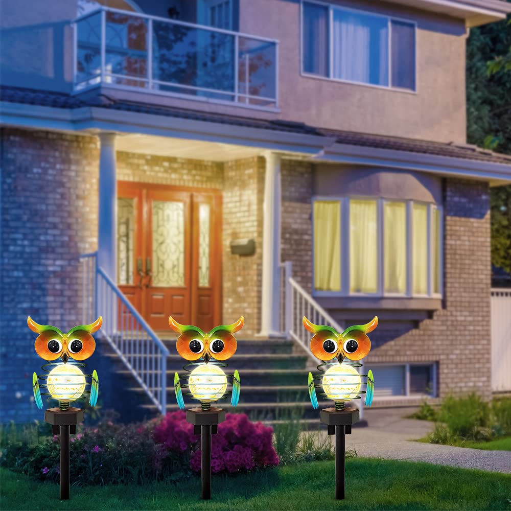 Solar Garden Lights Outdoor, Solar Owl Lights Waterproof Decor, Garden Stake Lights Solar Powered Crackle Glass Globe Lights Outdoor Warm White Owl LED Lights for Yard Lawn Patio Pathway Walkway