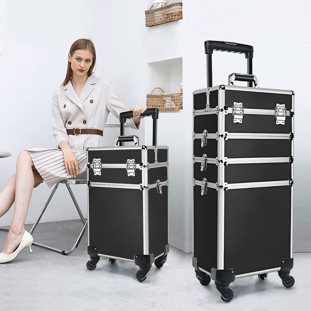 Cosmetic Rolling Makeup Train Case 4 in 1, Make Up Box Travelling Professional, Cosmetology Case on Wheels Pink Black Silver for Cosmetic, Hairstylist, Nail Technician, Tattoo