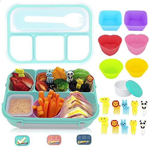 HappyRhino Bento Lunch Box for Kids Adult,4 Compartment Lunch Box Containers,With Accessories Silicone Food Cake Cups, Cute Food Picks for Kids,Easy to Clean (GREEN)