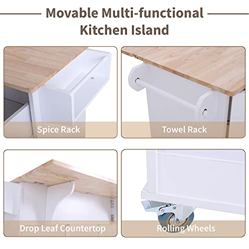 MAISON ARTS Storage Kitchen Island on Wheels with Drop Leaf Rolling Kitchen Cart with 2 Doors & 3 Drawers Rubber Wood Countertop, White