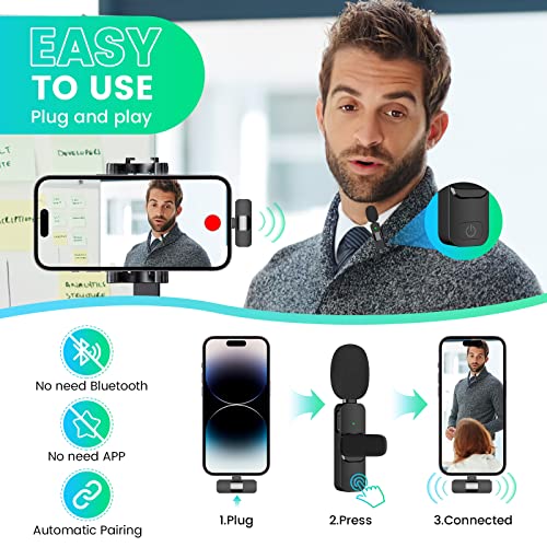 EJCC 2 Pack Wireless Microphone for iPhone iPad, Mini Wireless Clip-on Microphones for iPhone Video Recording, YouTube, Interview, TikTok, Vlog