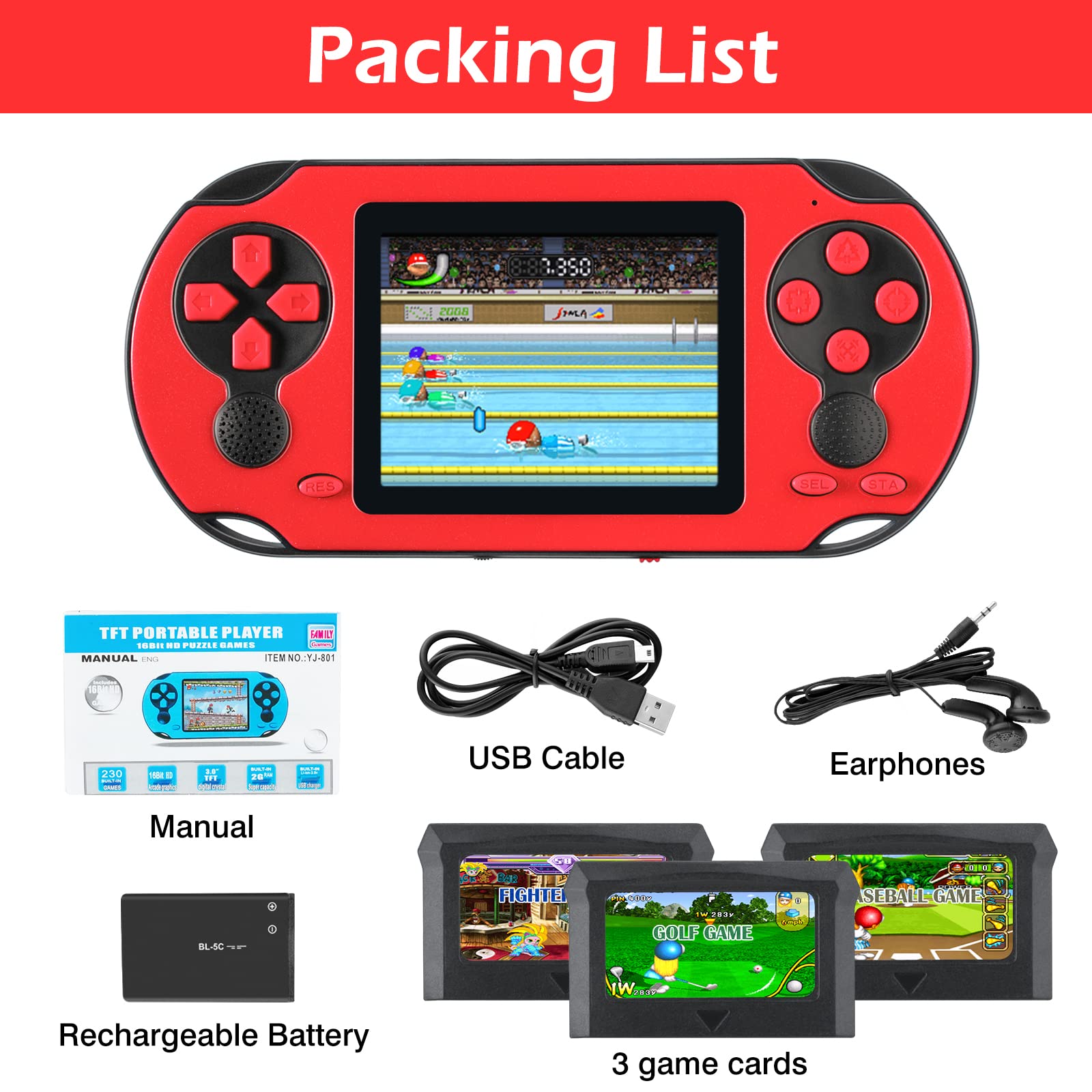 TaddToy 16 Bit Handheld Game for Kids Adults, 3.0'' Large Screen Preloaded 230 HD Classic Retro Video Games with USB Rechargeable Battery & 3 Game Cartridges for Birthday Gift for Kids 4-12 (Red)