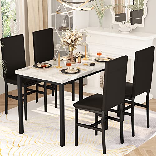 Hooseng Dining Table Set for 4- Space Saving Kitchen Table and Chairs for 4, Modern Style Faux Marble Tabletop & 4 PU Leather Chairs, Perfect for Dining Room,Breakfast Corner Small Spaces,Brown&White