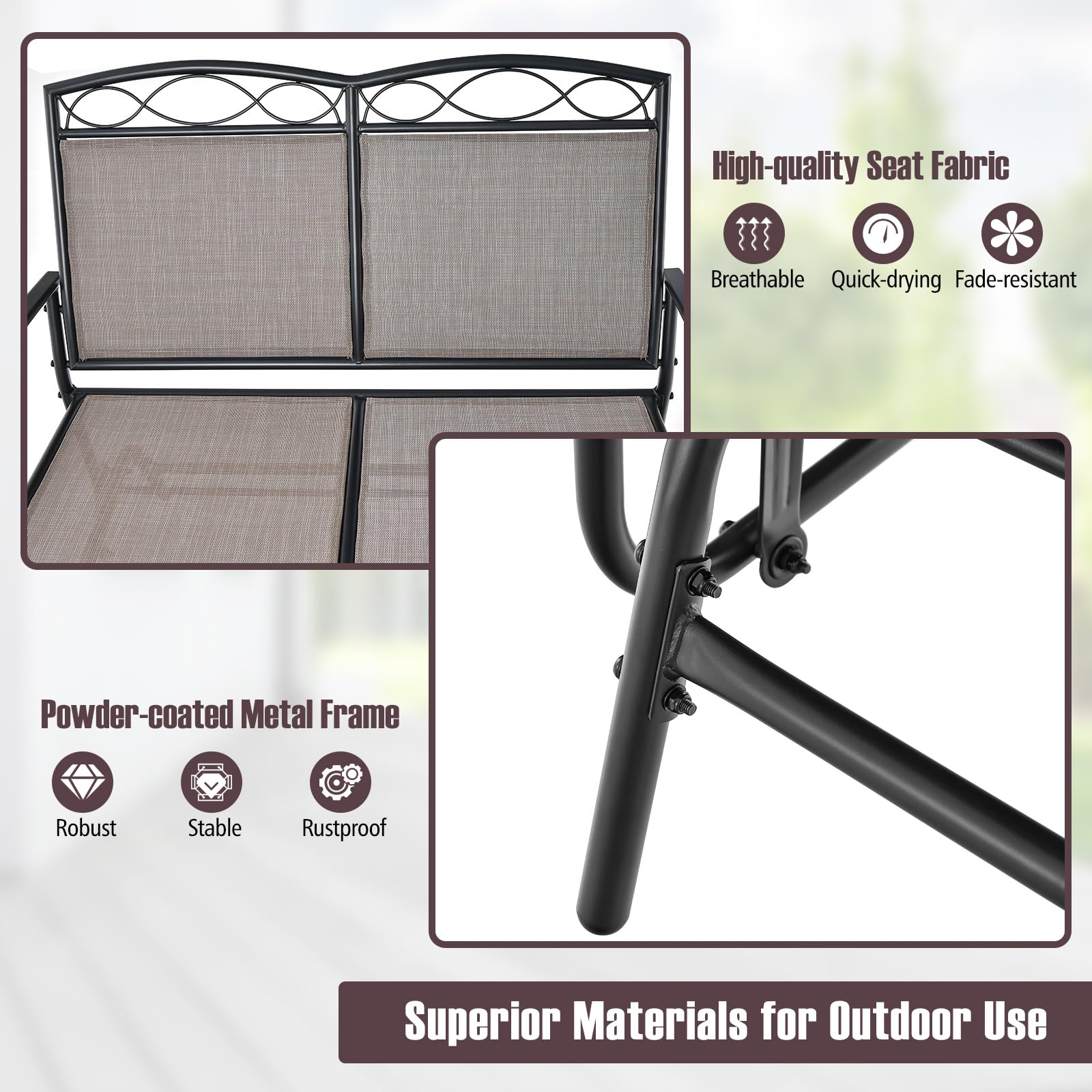 Giantex 4 PCS Outdoor Glider Chairs Set - Patio Furniture Set with Tempered Glass Table, Heavy-Duty Metal Frame, Gliding Rocking Chair, Conversation Set for Front Porch, Yard, Poolside (4 PCS, Brown)