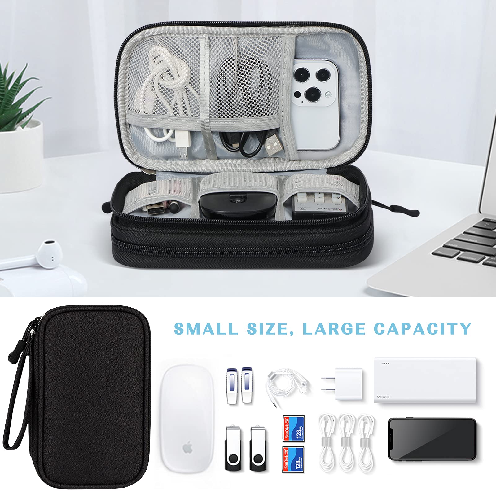 FYY Electronic Organizer, [2 PCs]Travel Cable Organizer Bag Electronic Accessories Carry Case Portable Waterproof Double Layers Storage Bag for Cable, Charger, Phone, Earphone, Medium Size-Black+Black