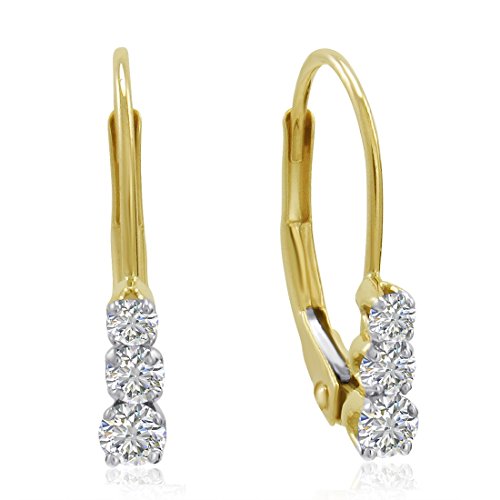 Certified 10K Yellow Gold Three-Stone Diamond Leverback Earrings 1/4cttw