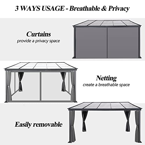 GARTOO 10' x 13' Outdoor Wall-Mounted Hardtop Gazebo, Aluminum Frame Pergola Sunroom with Sloping Polycarbonate Roof & Double Curtains for Garden, Lawn, Party, Deck