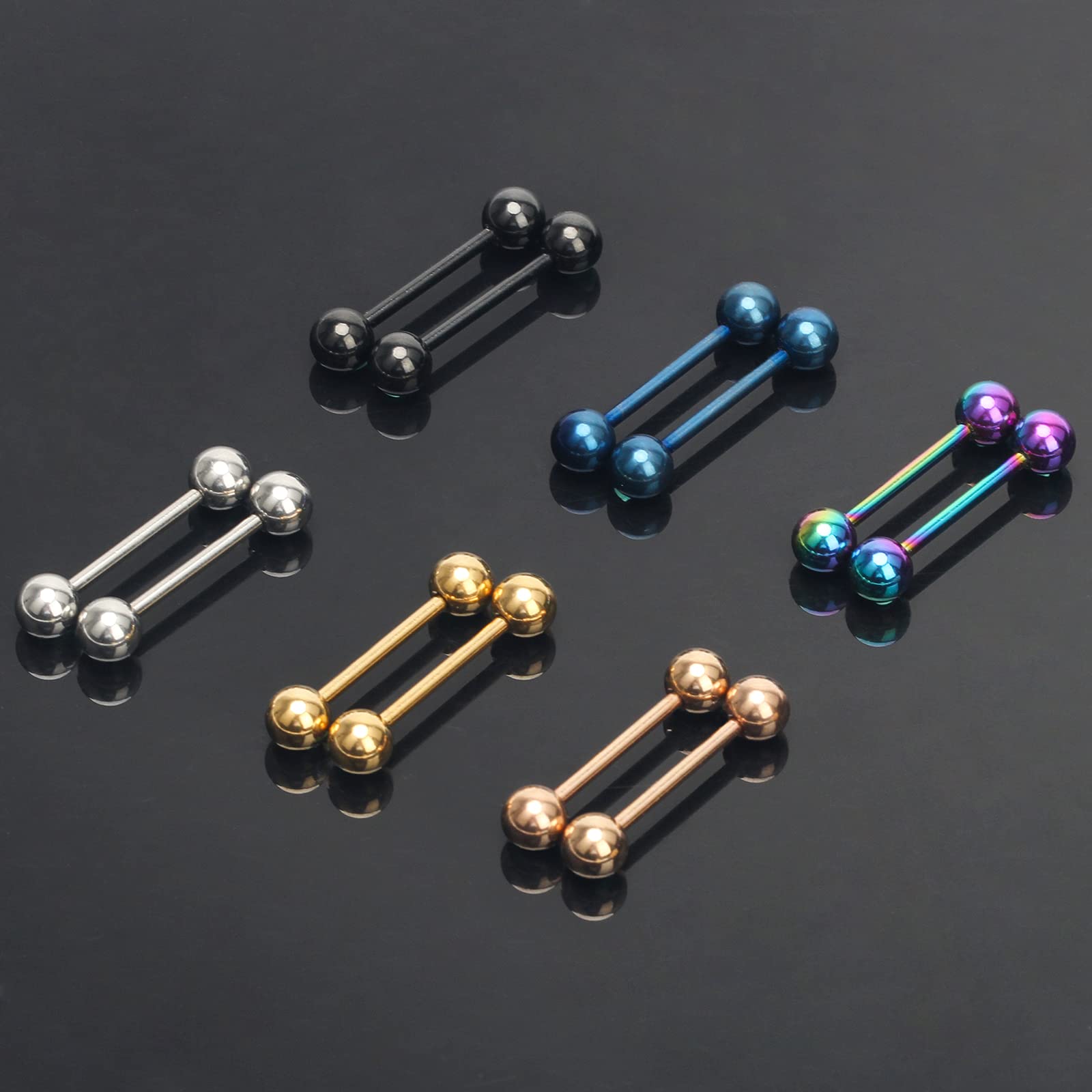 CrazyPiercing 12Pcs Different Color Tongue Rings Surgical Stainless Steel Tongue Piercing 14G 16mm Length Straight Barbell Piercing Jewelry