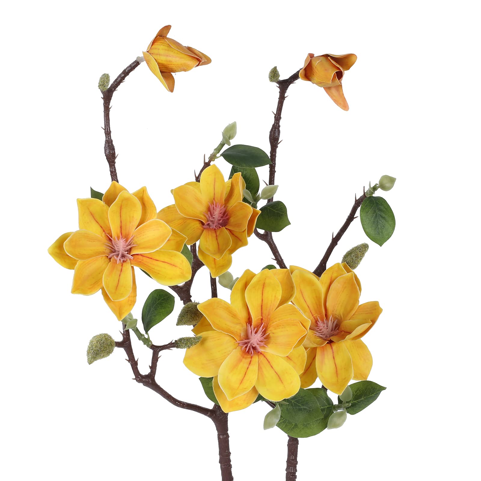 XHXSTORE 2pcs Magnolia Flowers Stems Fake Yellow Flowers Real Touch Flower Artificial Flowers Stems with Leaves for Vase Floral Arrangement for Wedding Table Centerpieces Home Office Garden