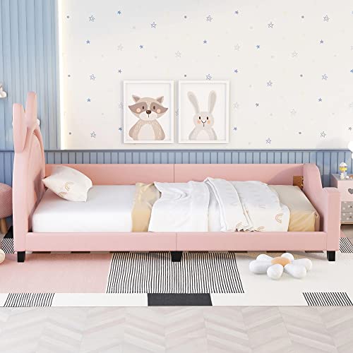 Harper & Bright Designs Twin Size Wood Platform Bed Frame with House-Shaped Headboard for Boys Girls Kids Toddler (Pink)